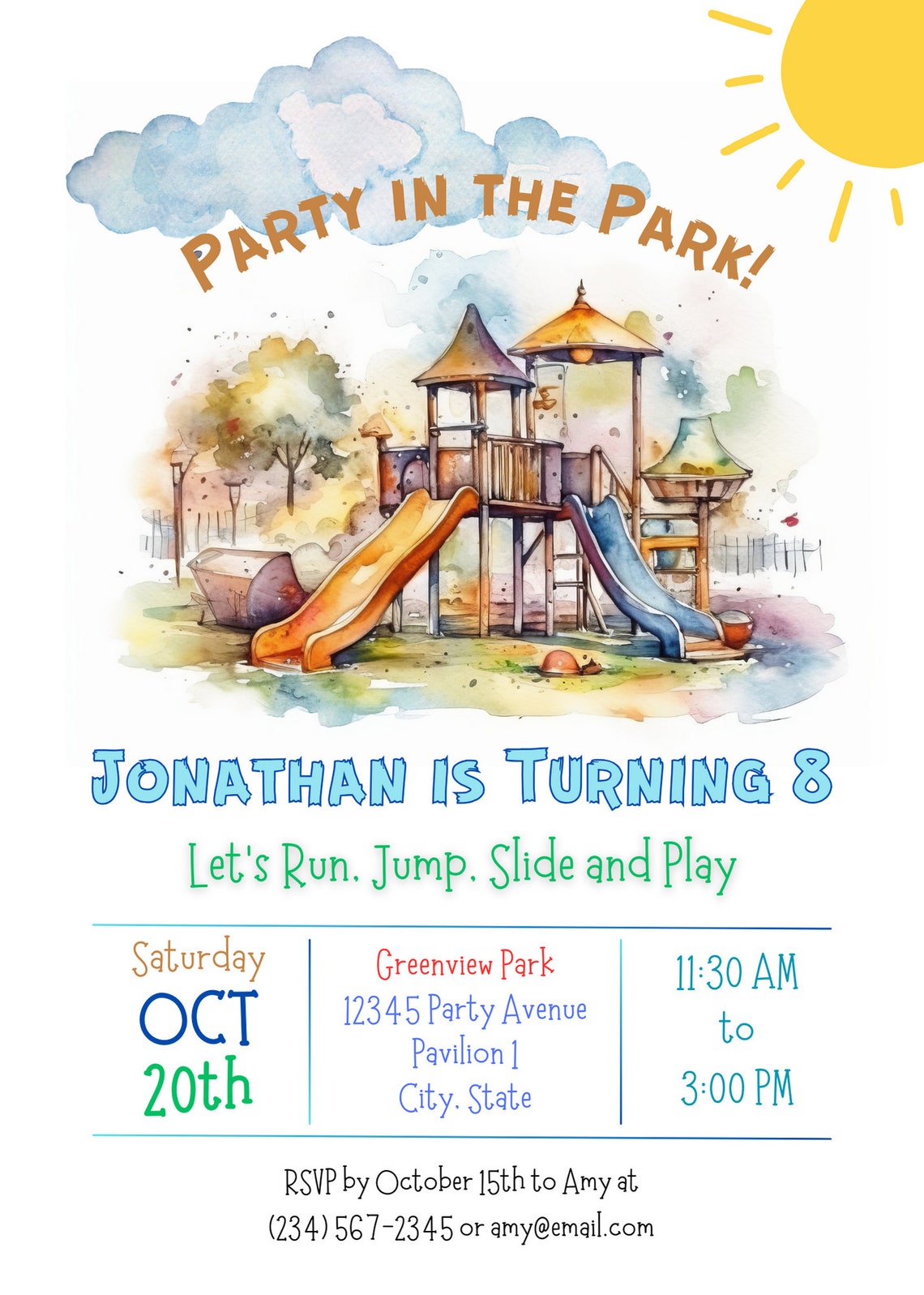 Party in the Park, Playground, Outdoor Birthday Invitation. Let's Run ...