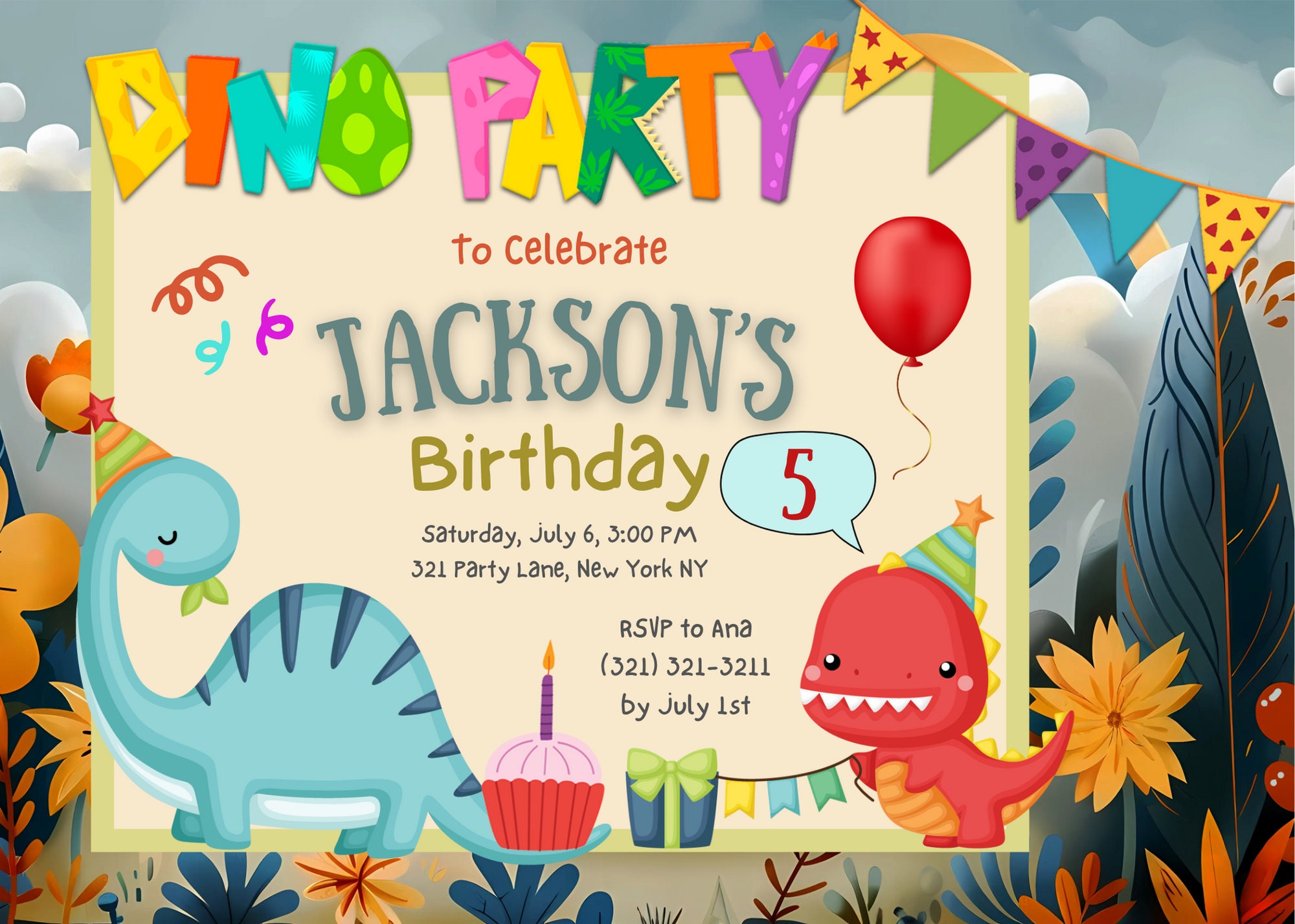 Dino Party, Dinosaur Birthday Invitation, Instant Download - Etsy