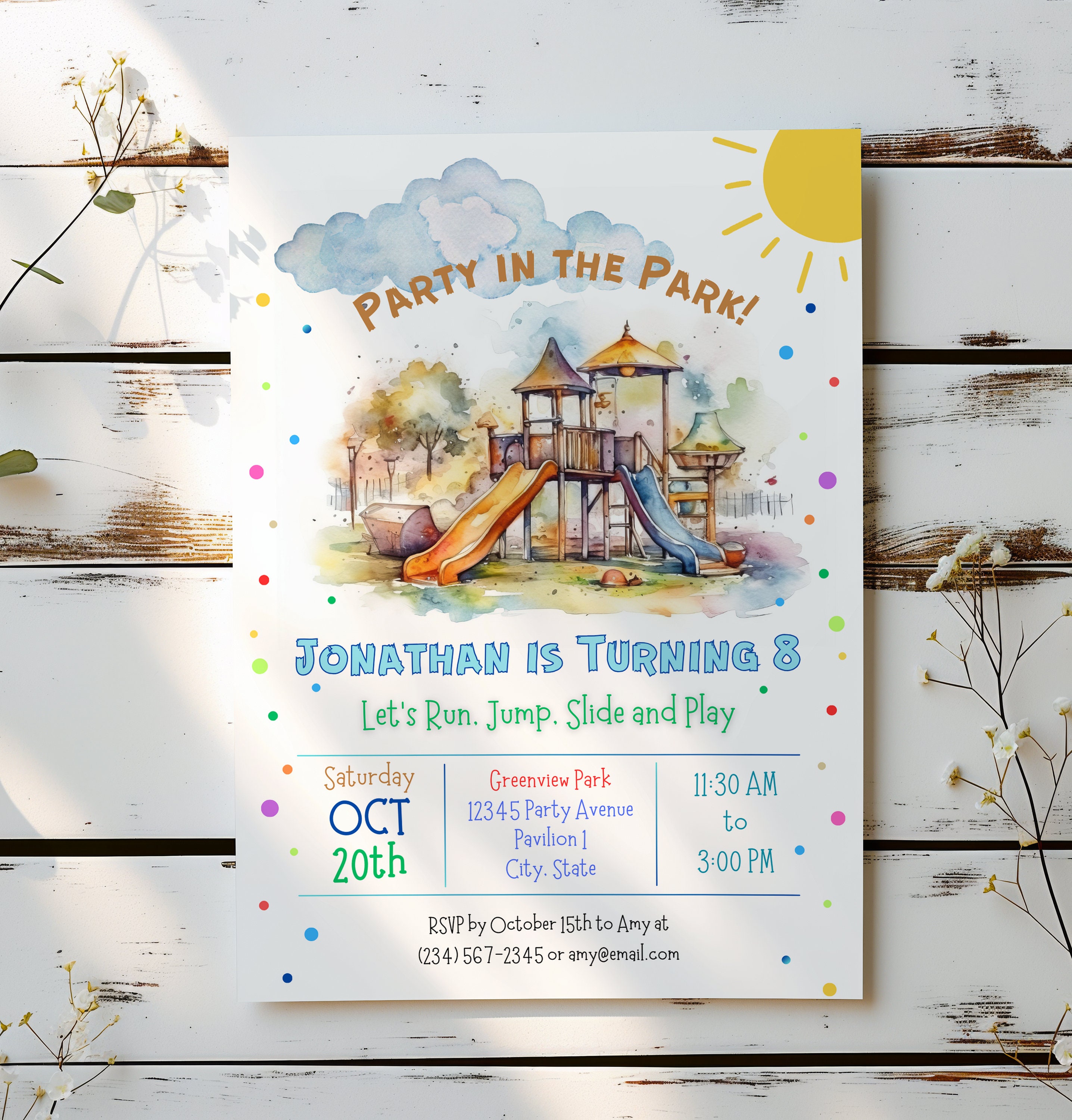 Party in the Park, Playground, Outdoor Birthday Invitation. Let's Run ...