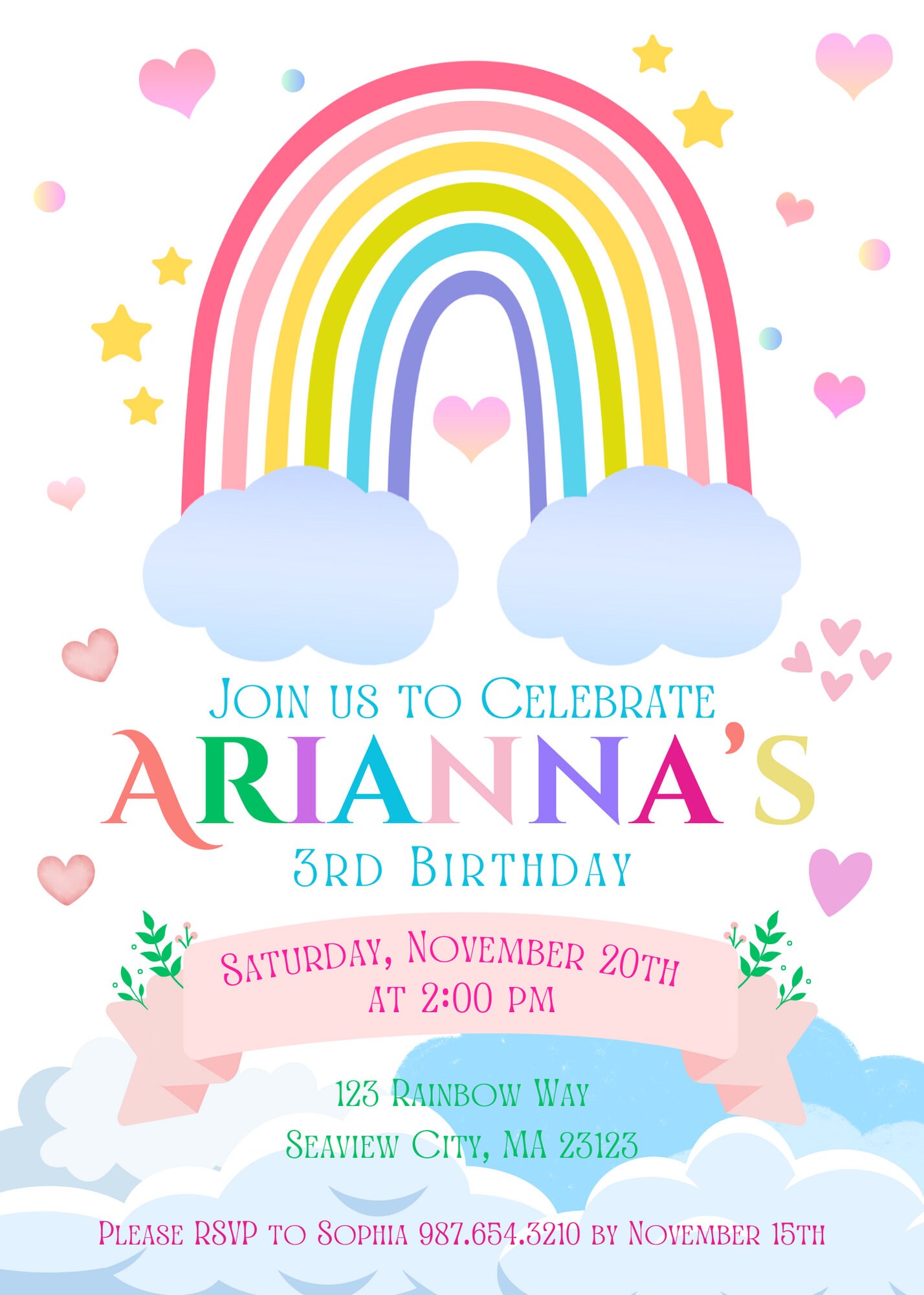 Rainbow Kids' Birthday Invitation Editable, Digital Download - Etsy
