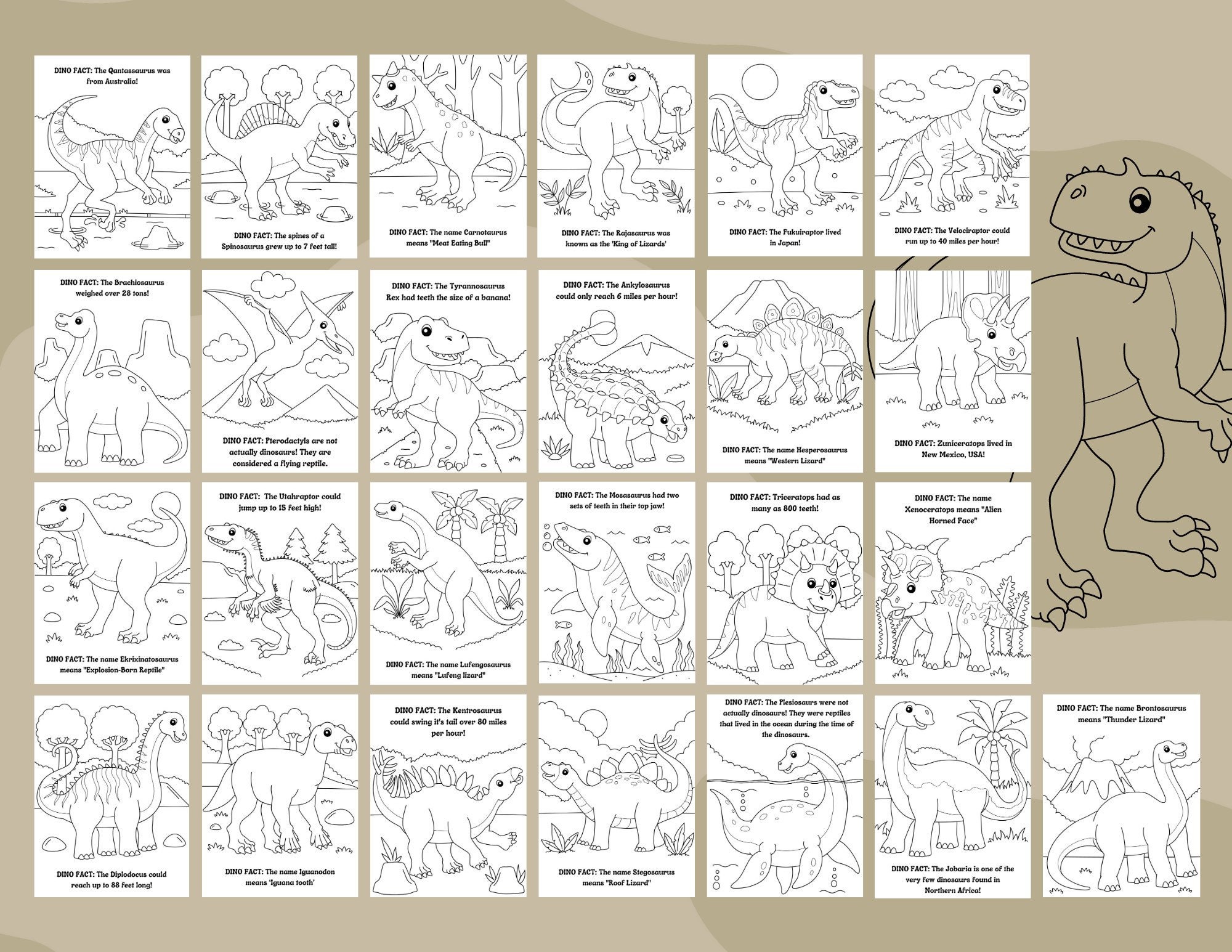 Dinosaur Coloring Pages, Fun Facts, Kids Printable (PDF) - Etsy