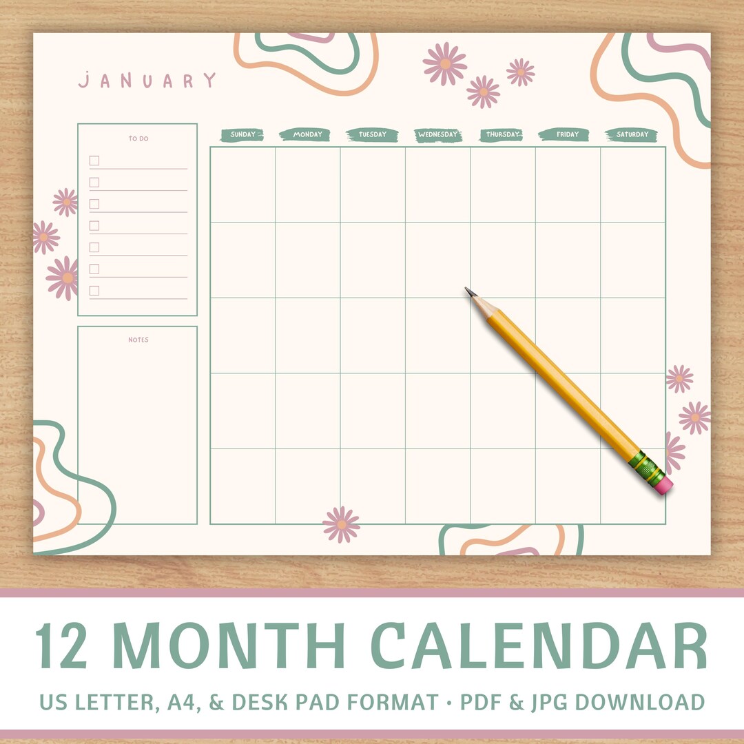 Monthly Calendar Printable: US Letter, A4, Desk Pad Format (PDF/JPG ...