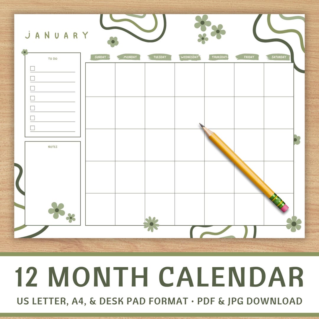 Sage Green Minimalist Monthly Calendar: 12 Months (PDF/JPG Download) - Etsy