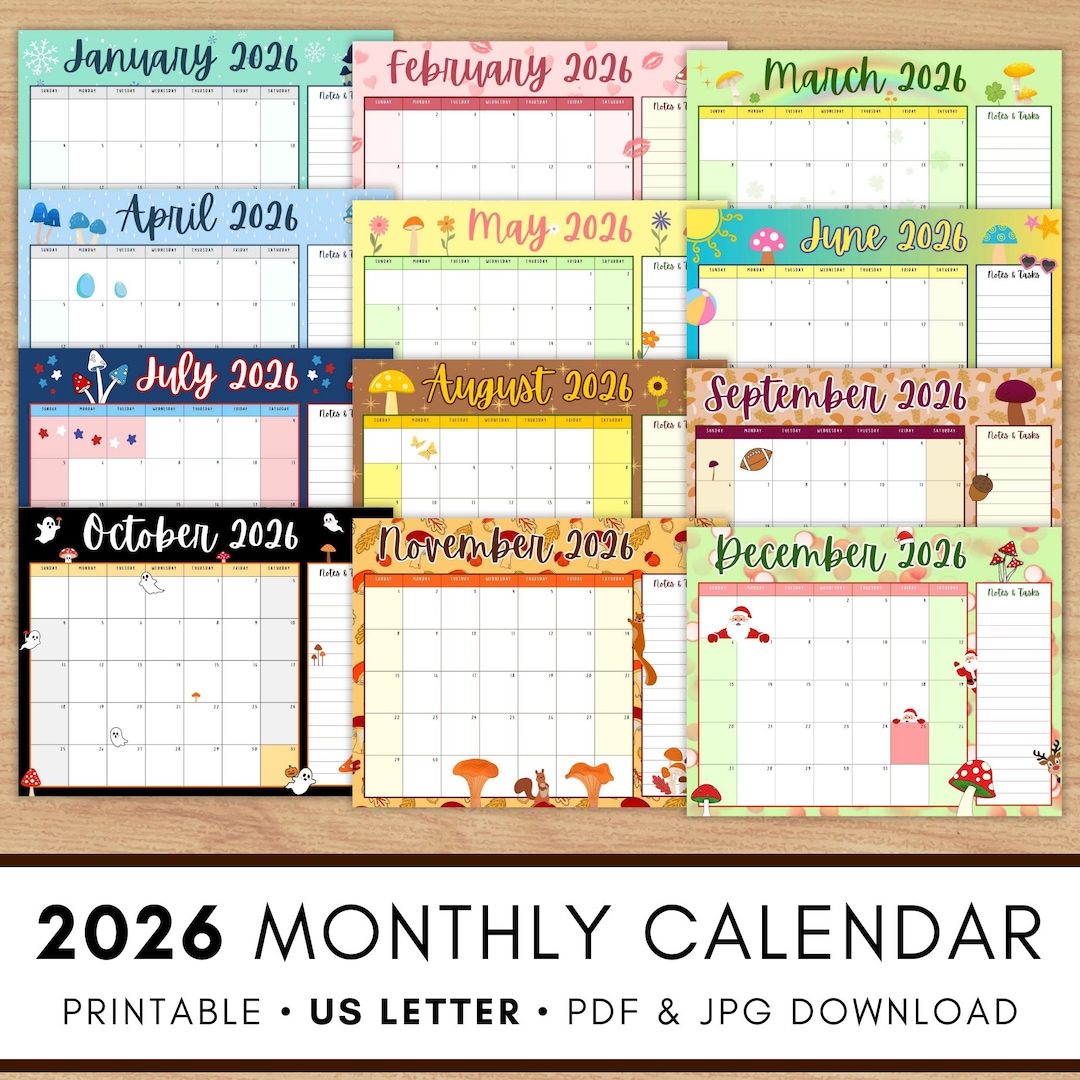 Calendario mensual de hongos 2026 imprimible: tamaño carta (EE. UU.) 28 ...