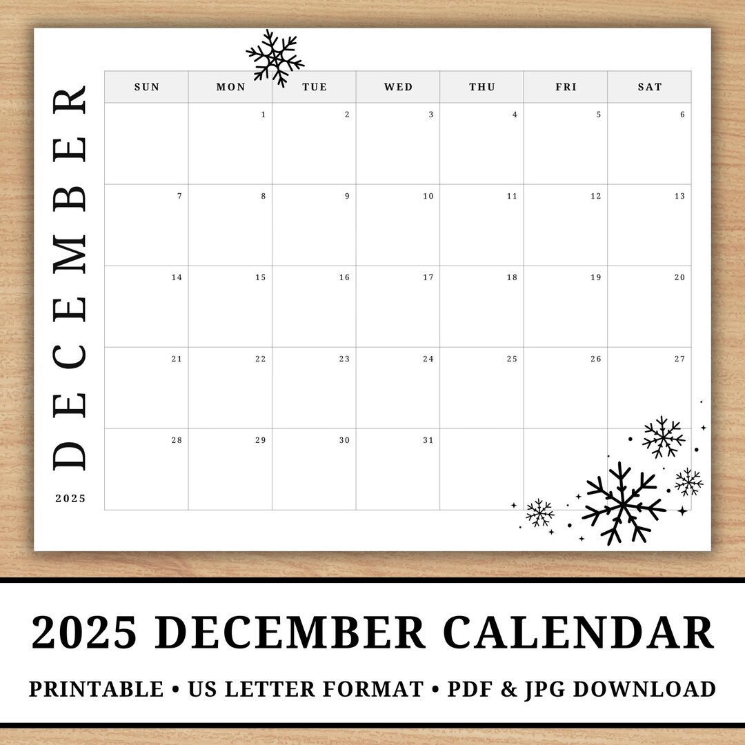 2025 December Calendar Printable: Christmas Calendar US Letter Format ...