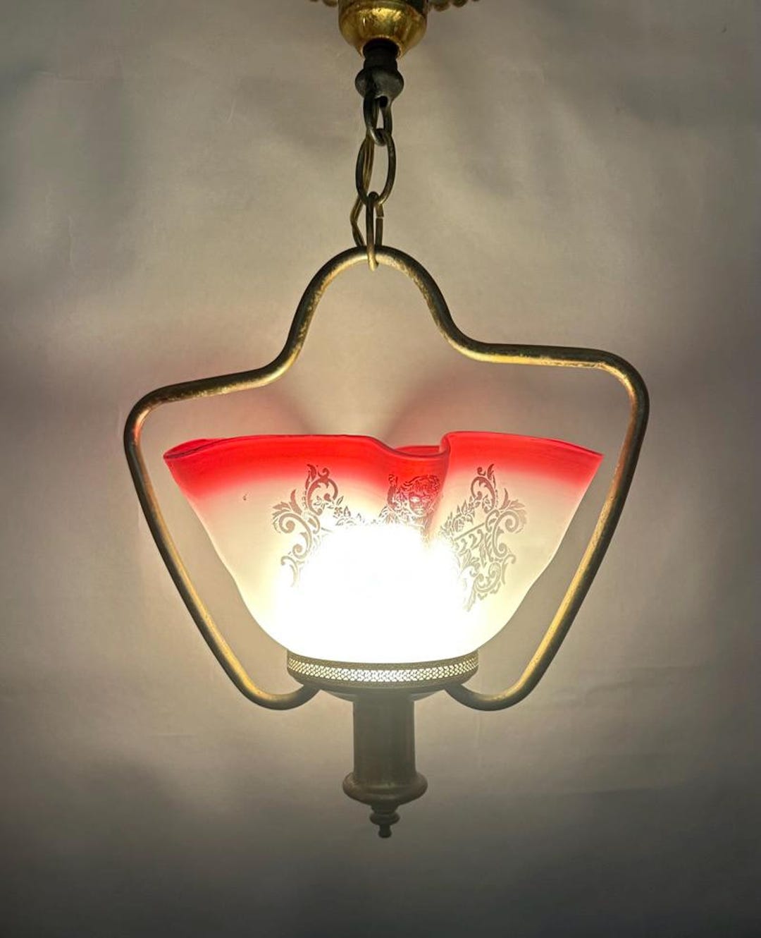 Antique Victorian Pendant Harp Hanging Light Fixture With Etched Glass ...