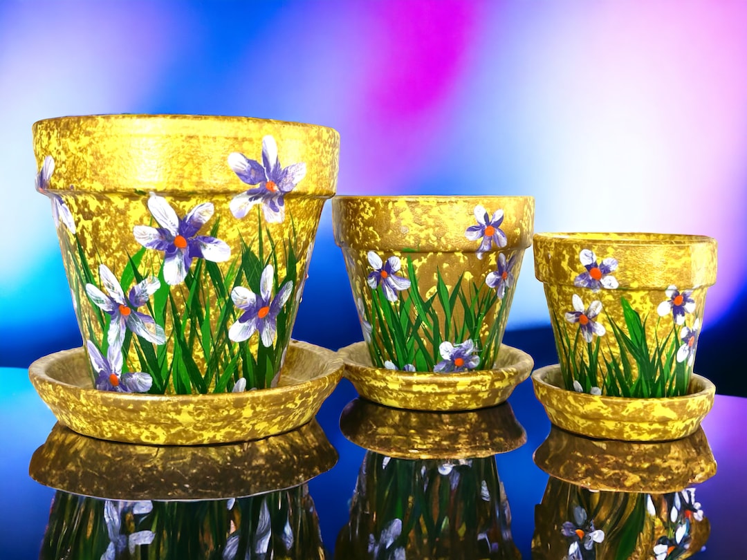Flower Pot Set, Hand Painted Terra-cotta Clay Pots With Saucer - Etsy