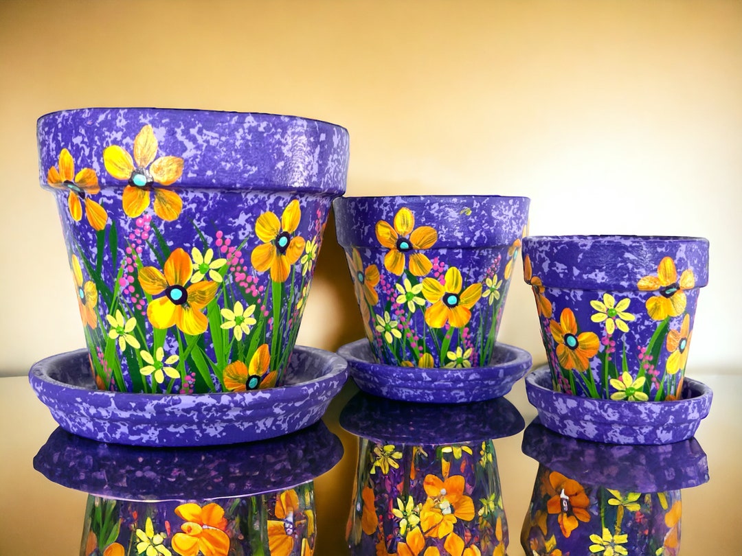Flower Pot Set, Hand Painted Terra-cotta Clay Pots With Saucer - Etsy