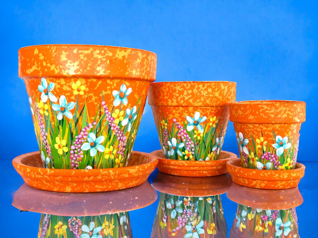 Flower Pot Set, Hand Painted Terra-cotta Clay Pots With Saucer - Etsy