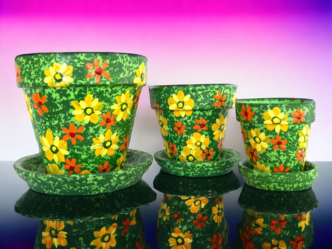 Flower Pot Set, Hand Painted Terra-cotta Clay Pots With Saucer - Etsy