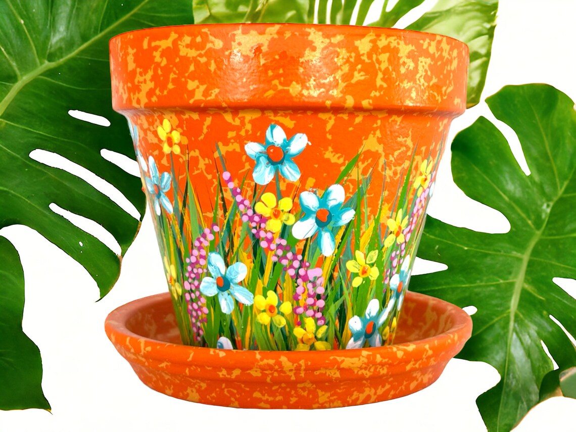 Flower Pot Set, Hand Painted Terra-cotta Clay Pots With Saucer - Etsy