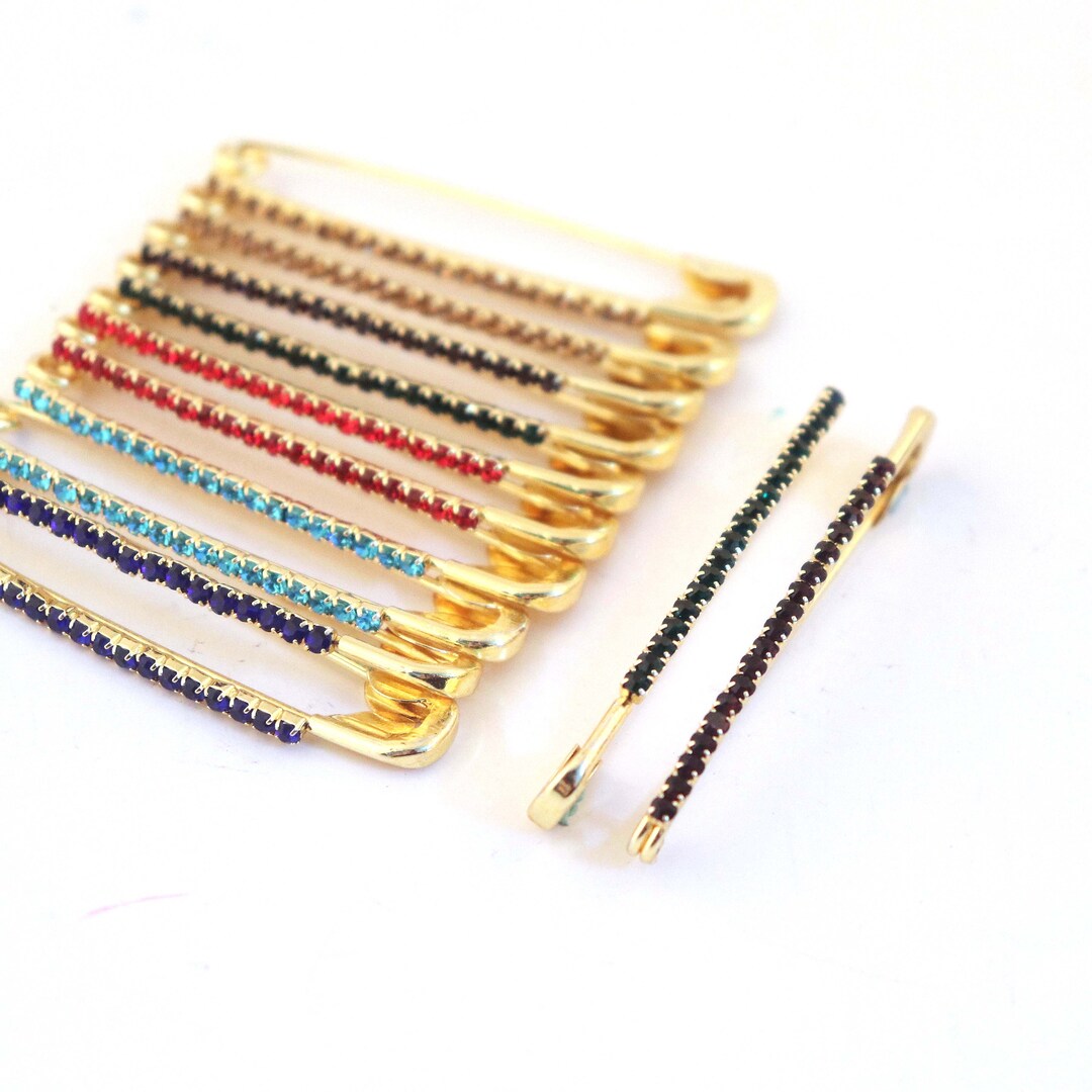 1 Piece Multi Color Zircon Rhinestone Safety Pin, Gold Plated on Brass ...