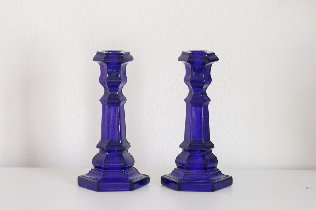 Pair of Blue Candle Holders, Blue Glass Candle Holders, Blue Crystal ...