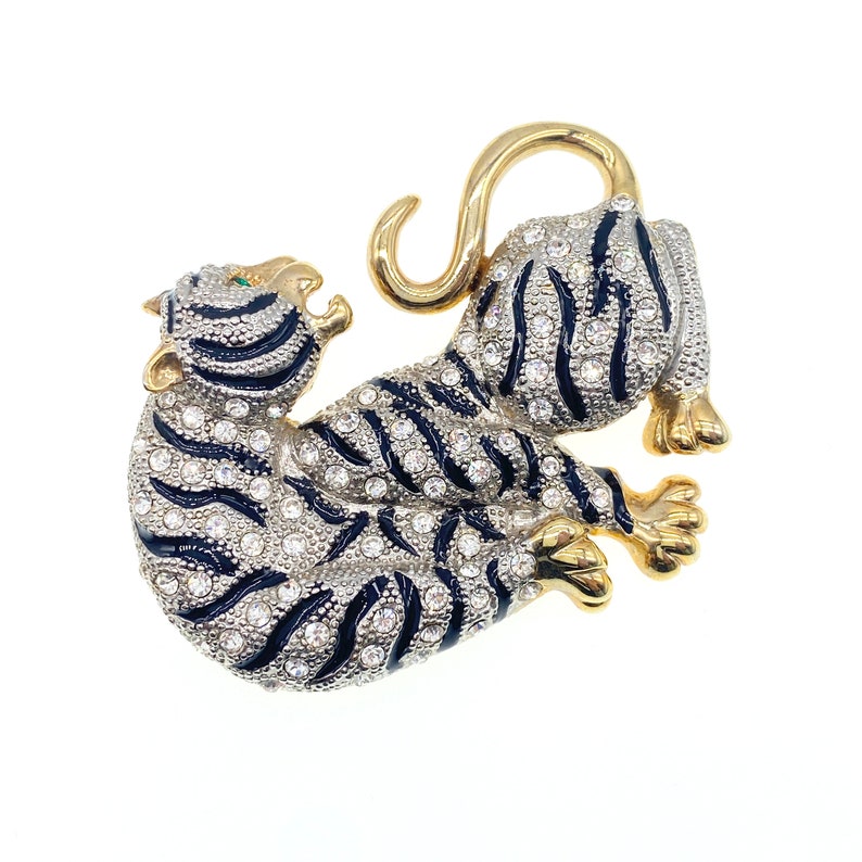Sitting Tiger Brooch - Gold Plate, Enamel and Crystal. - Etsy