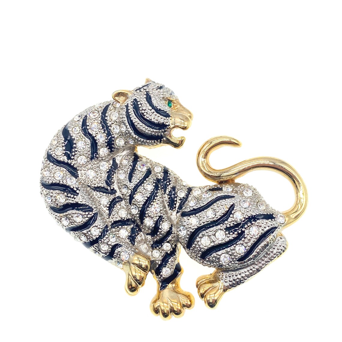Sitting Tiger Brooch - Gold Plate, Enamel and Crystal. - Etsy