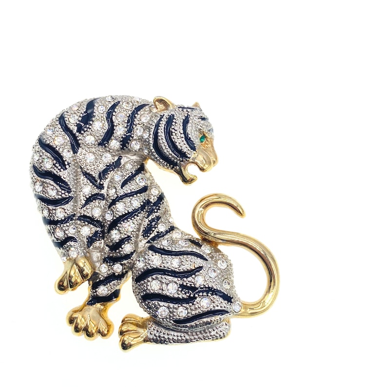 Sitting Tiger Brooch - Gold Plate, Enamel and Crystal. - Etsy