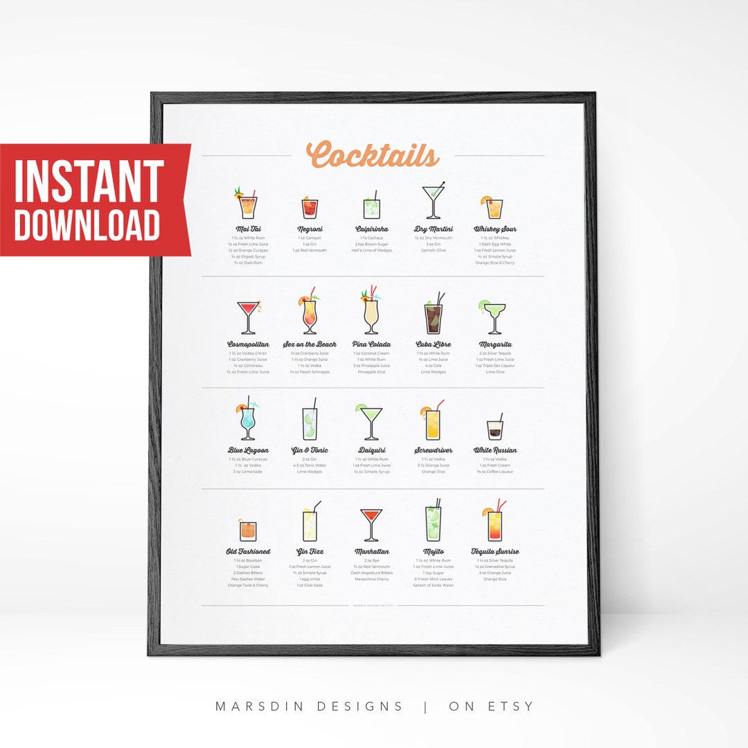 Classic Cocktails Print, Cocktail Poster, Cocktail Art, Drink Bar ...