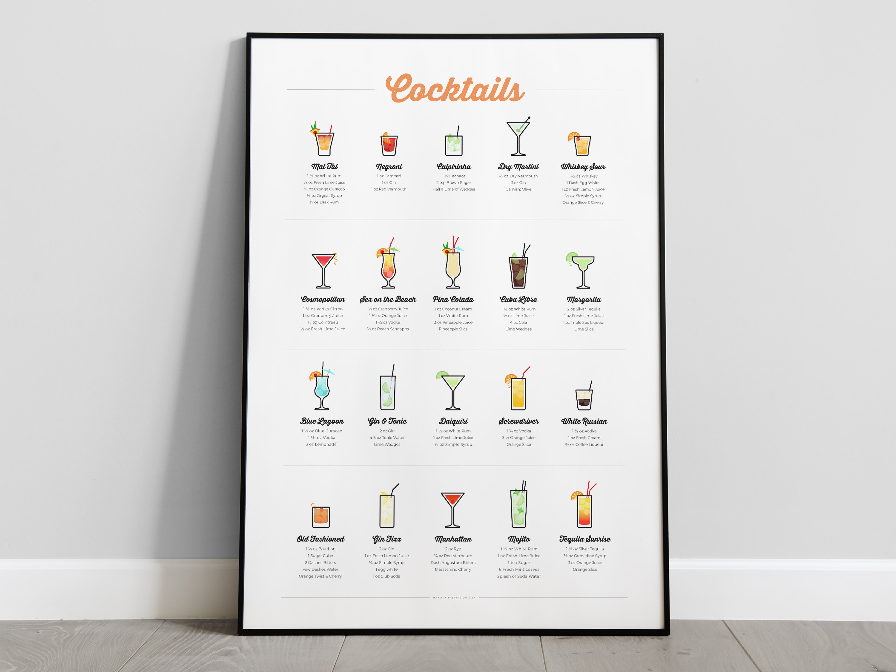 Classic Cocktails Print, Cocktail Poster, Cocktail Art, Drink Bar ...