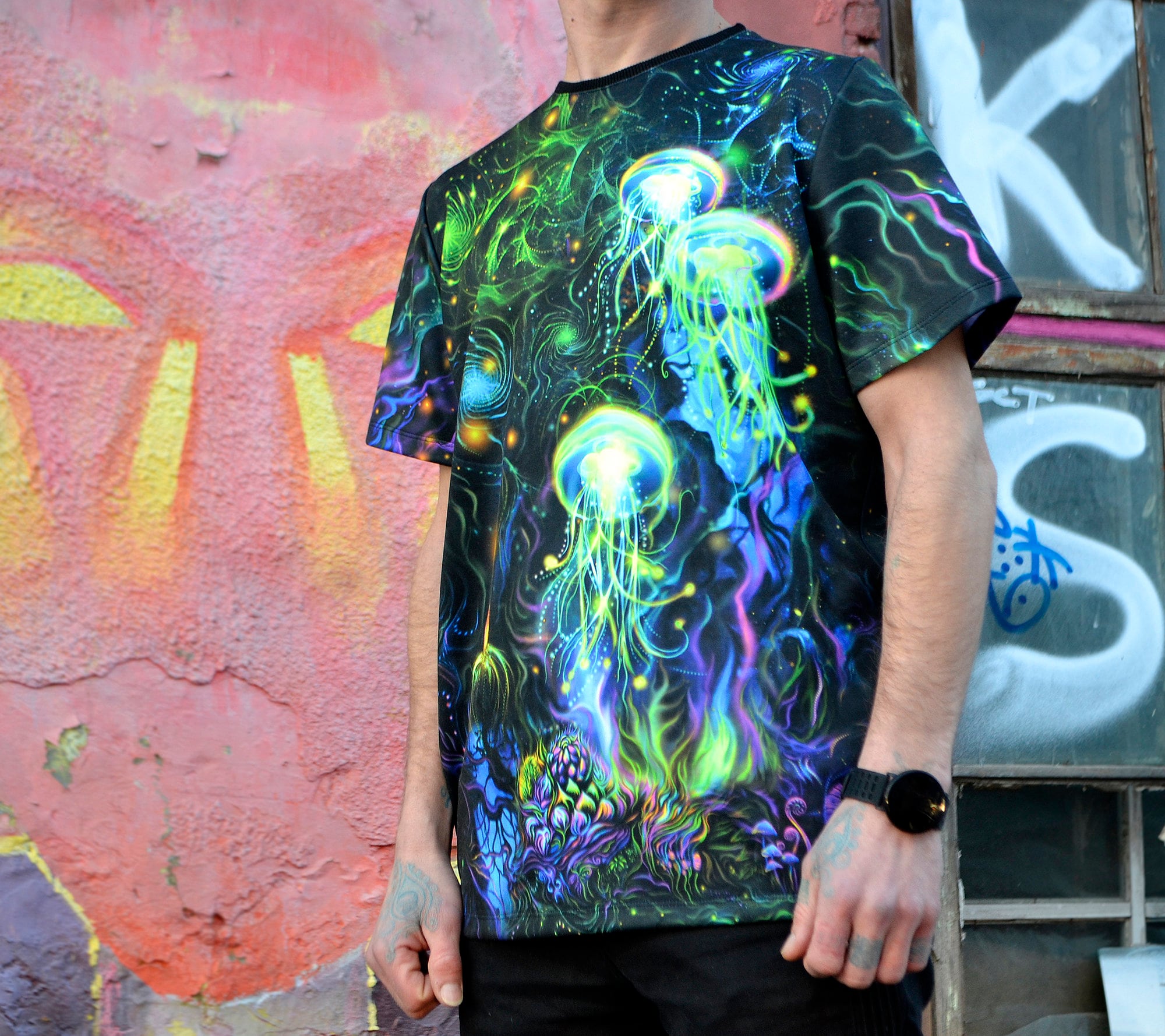 Psy T-shirt Blacklight UV Active Full Print Jellyfish | Etsy