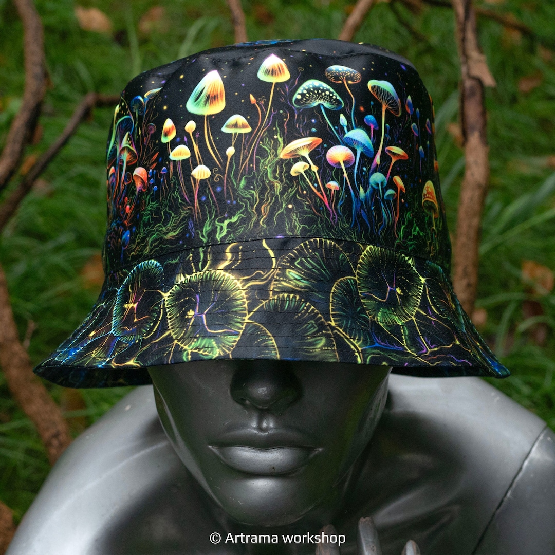 UV Active Bucket Hat Psychedelic Panama Fantasy Mushroom Pattern Psyart ...