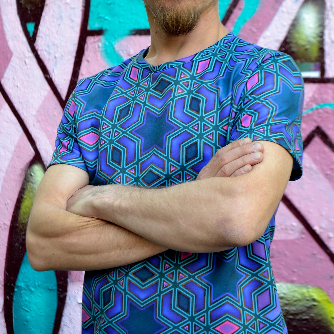 Psy T-shirt Blacklight UV Active - Full Print : Sacred Geometry Blue ...