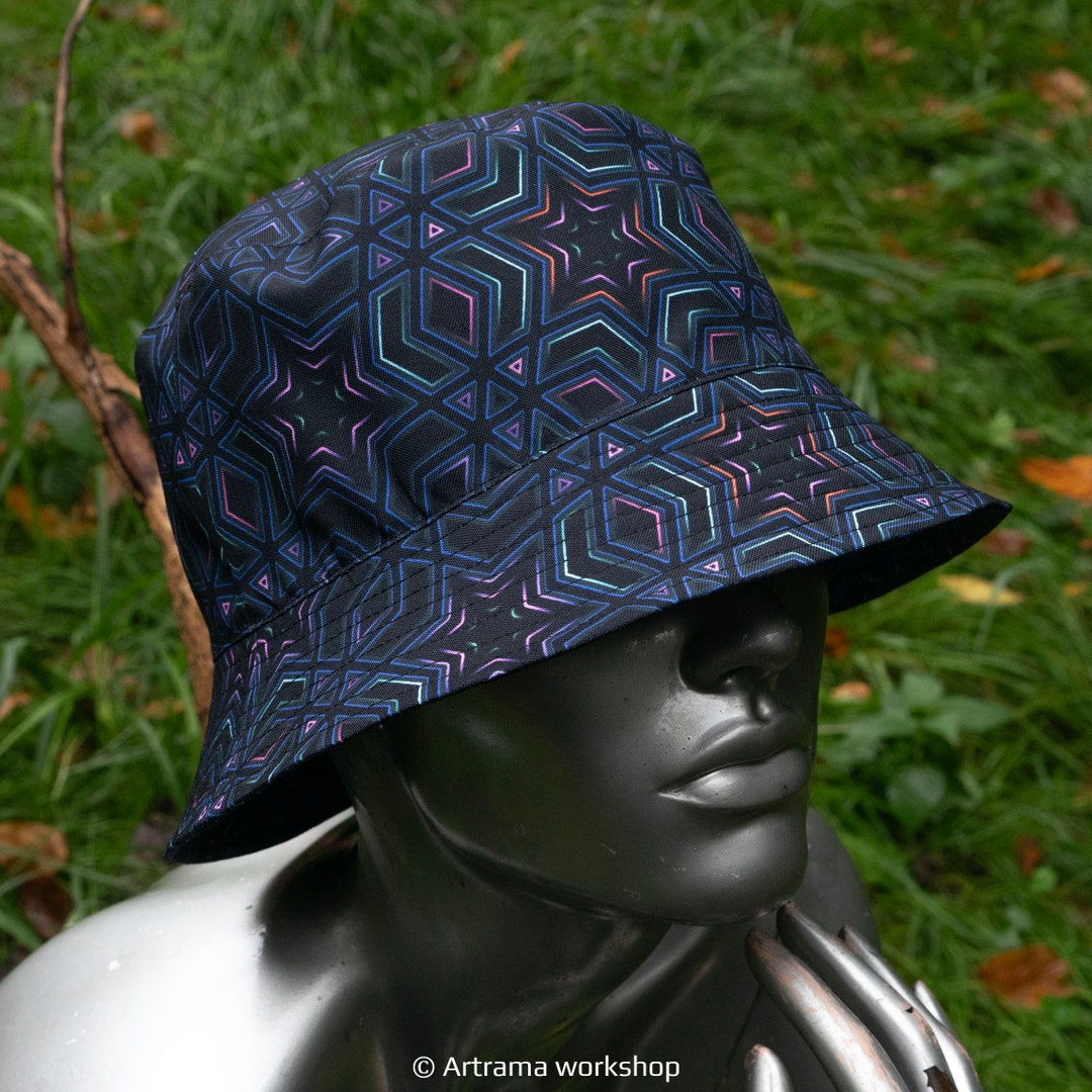 UV Active Bucket Hat Psychedelic Panama Sacred Geometry Pattern Blacklight Reactive Festival ...