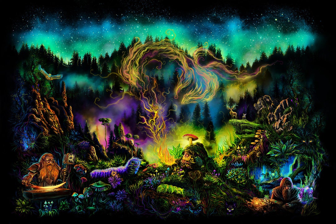 Psy Backdrop dwarf Meadow UV Active Blacklight Tapestry, Fantasy ...