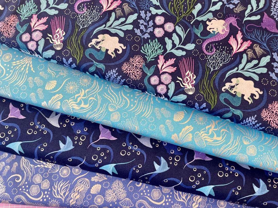 Moontide - Lewis and Irene - 100% Cotton Fabric - Mermaids/coral/rays ...