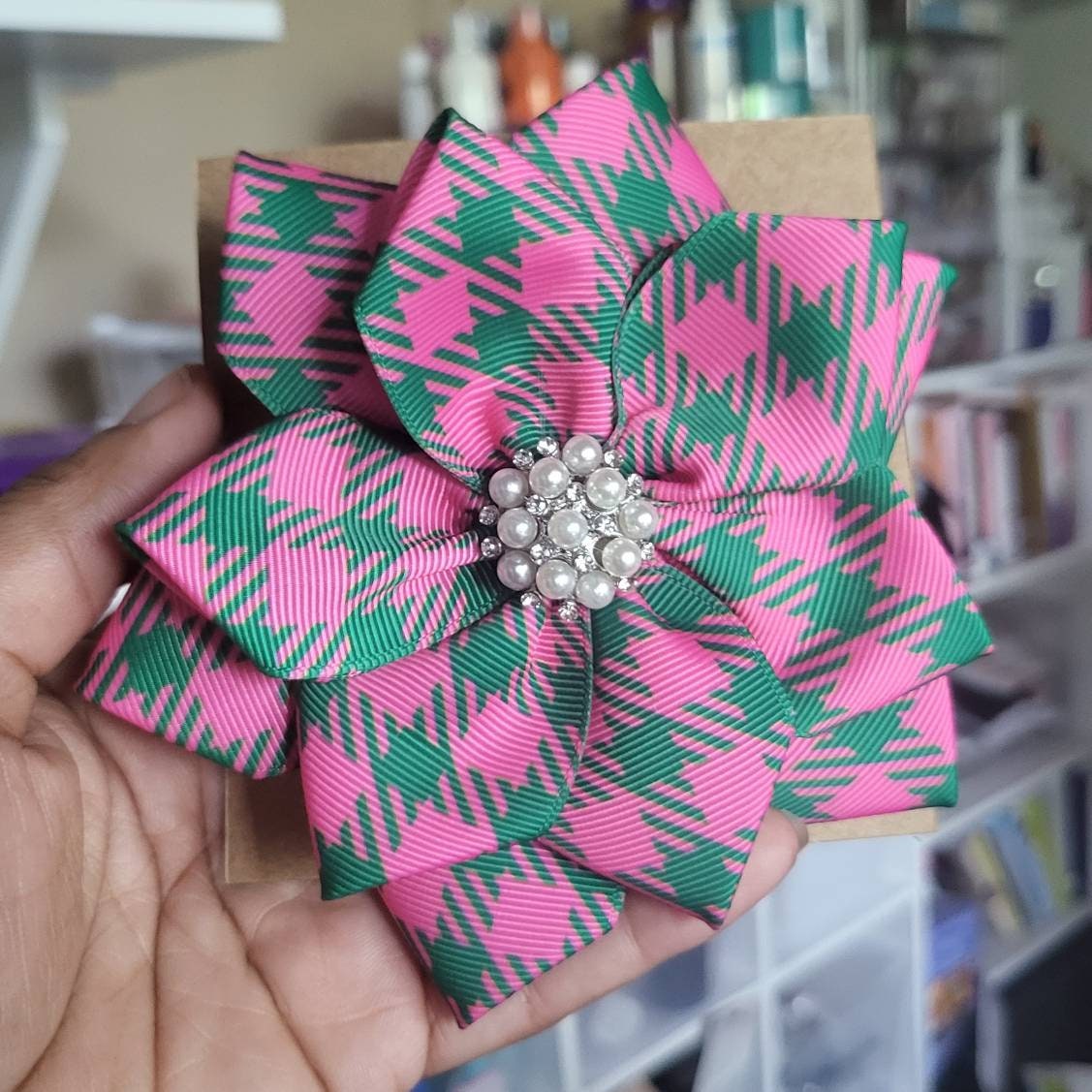 Pink and Green Houndstooth Flower Brooch - Etsy