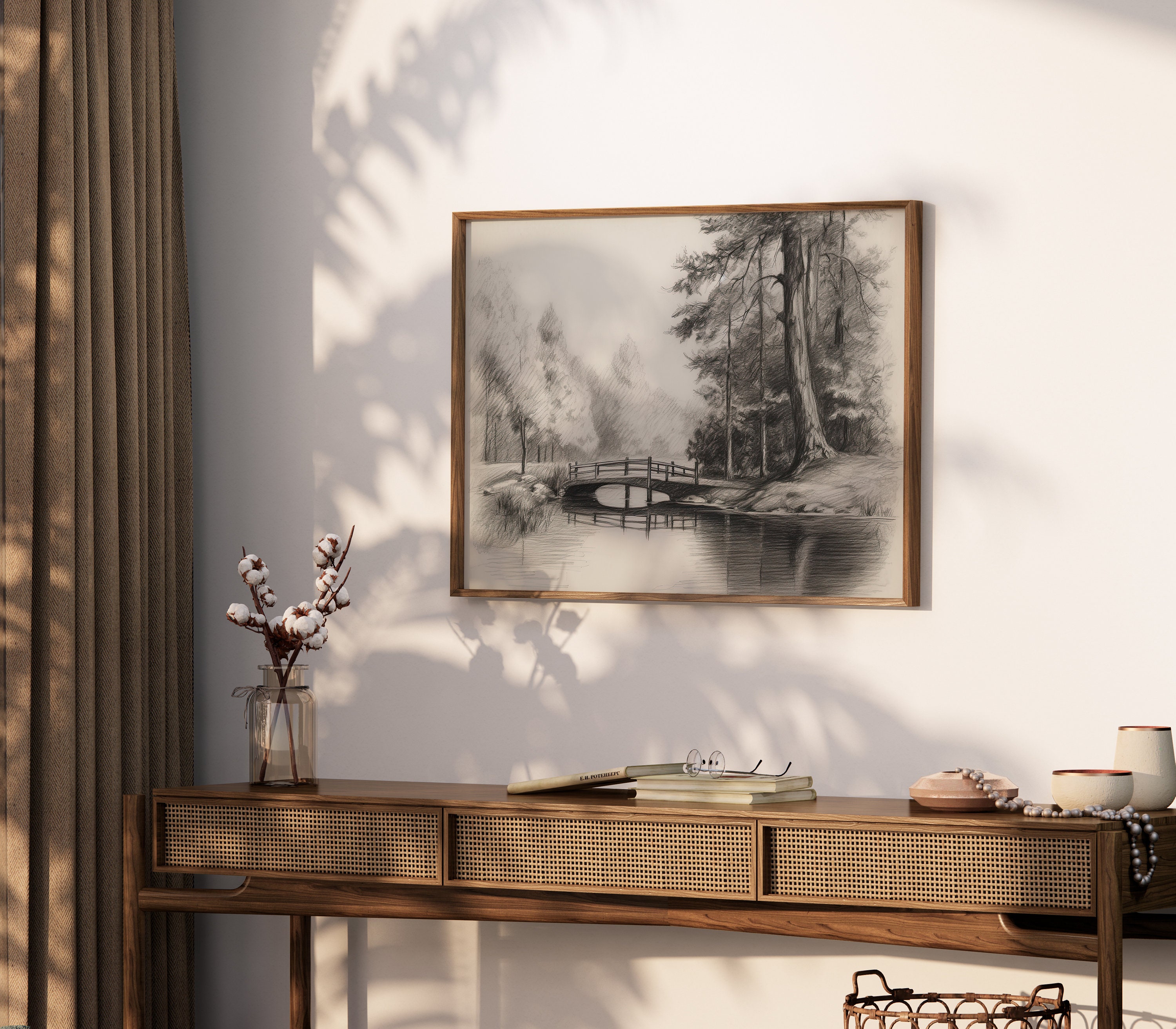 Landscape Sketch Vintage Etching Bridge Trees Drawing Vintage Art ...