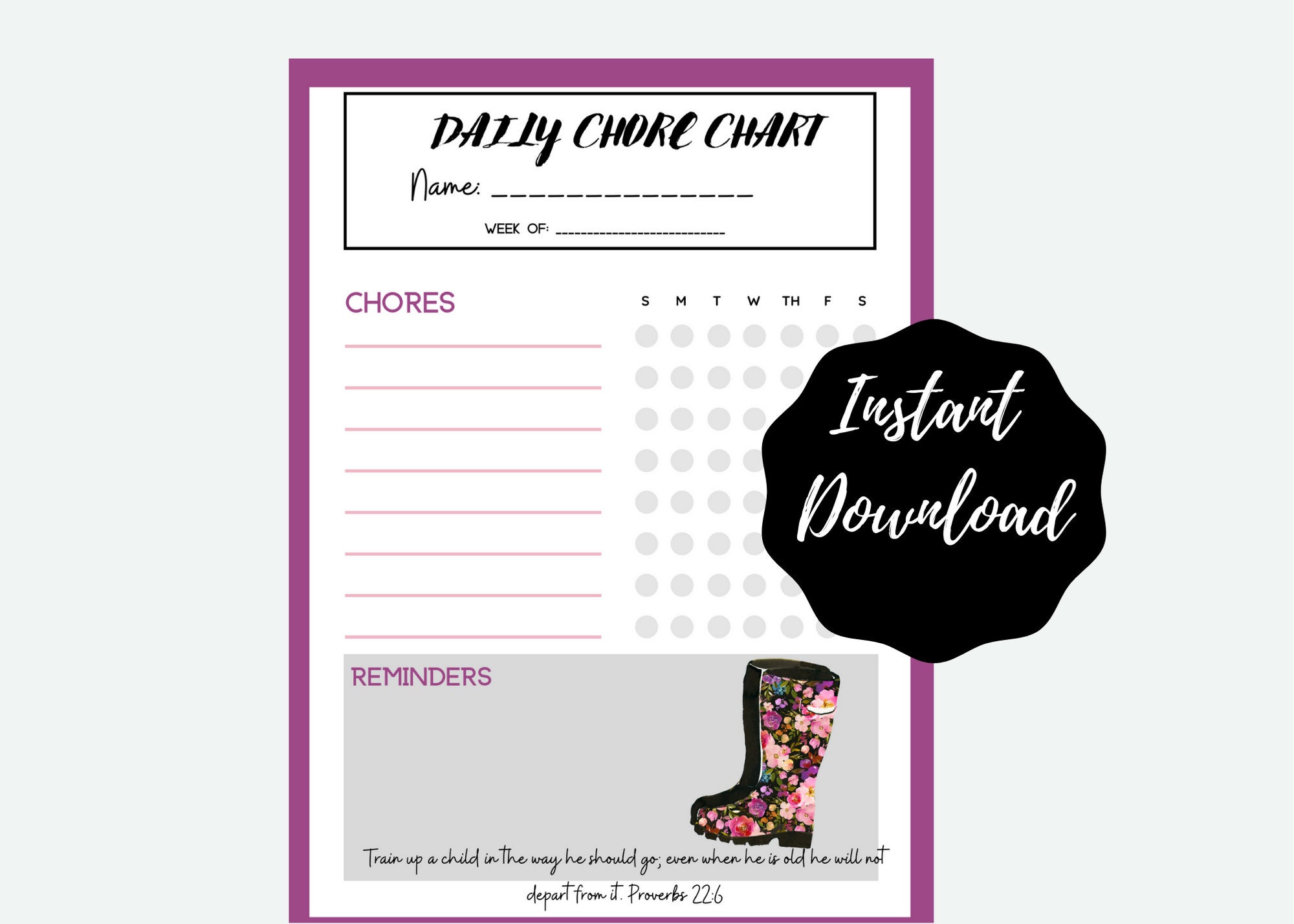 Christian Instant Printable Kids Daily Chore Chart, Teaching Chores ...