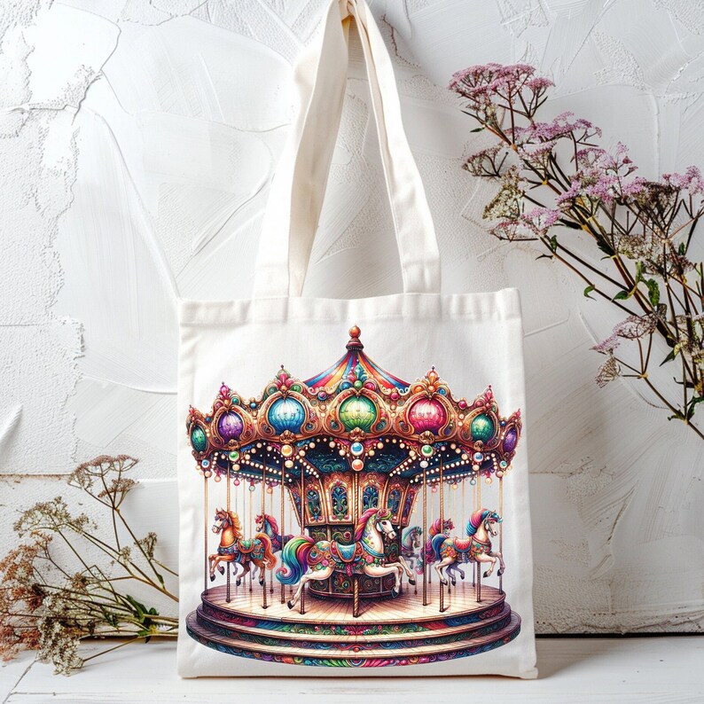 Carousel Tote Bag, Tote Bag, Carnival Tote Bag, Horse Carousel Tote Bag ...
