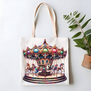 Carousel Tote Bag, Tote Bag, Carnival Tote Bag, Horse Carousel Tote Bag ...
