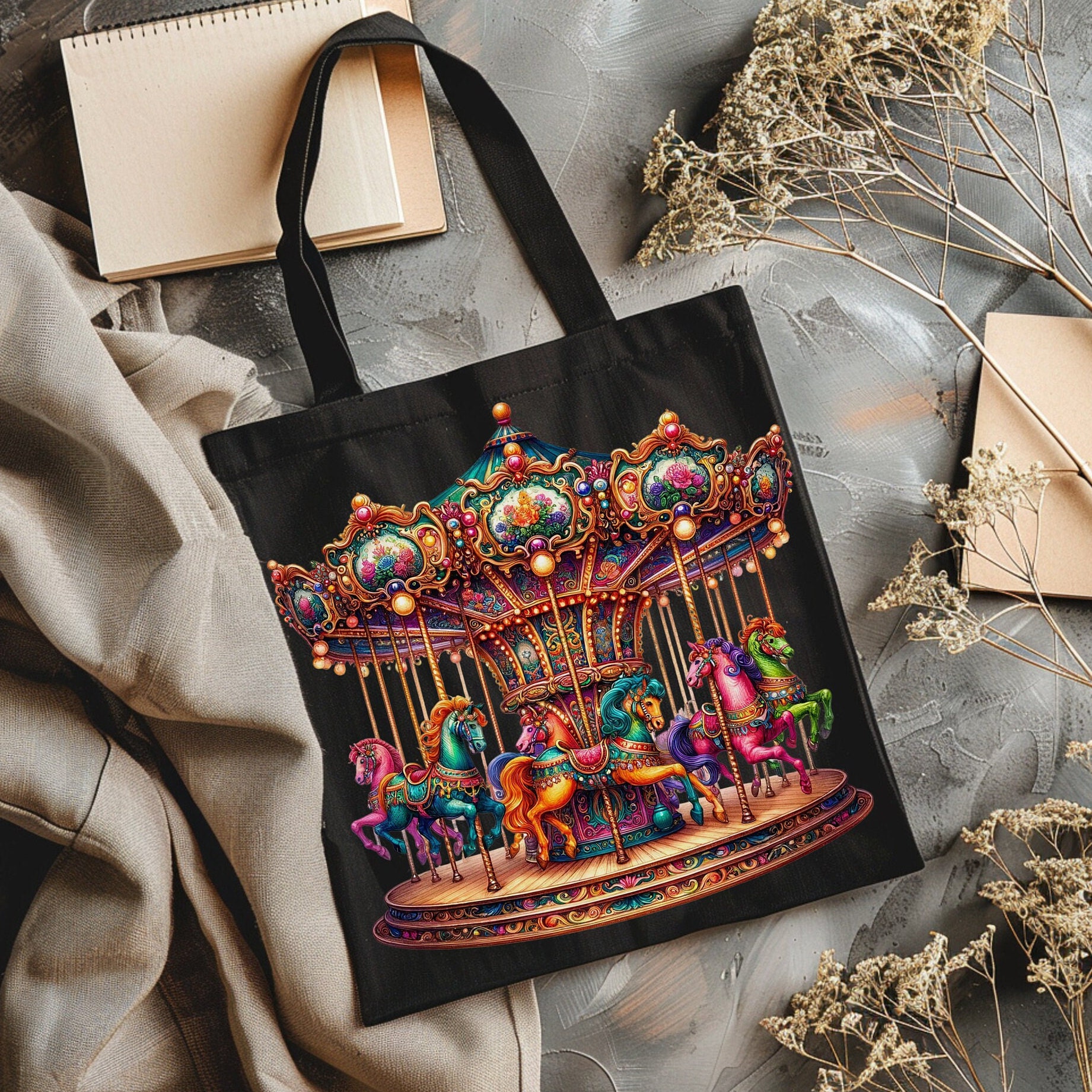 Carousel Tote Bag, Tote Bag, Carnival Tote Bag, Horse Carousel Tote Bag ...