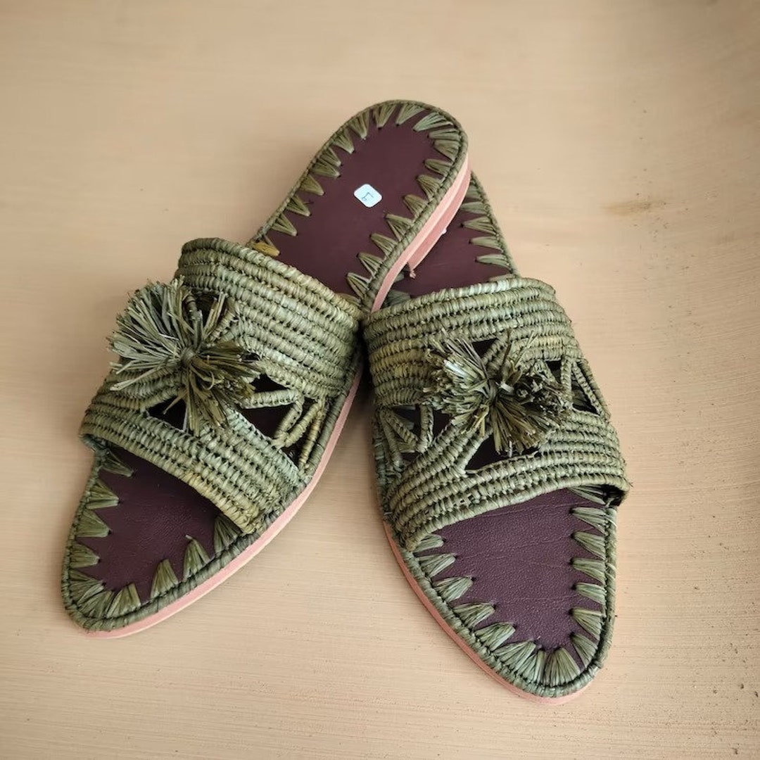 Natural Raffia Multi Colors Slippers,hand Woven Natural Raffia Babouche ...
