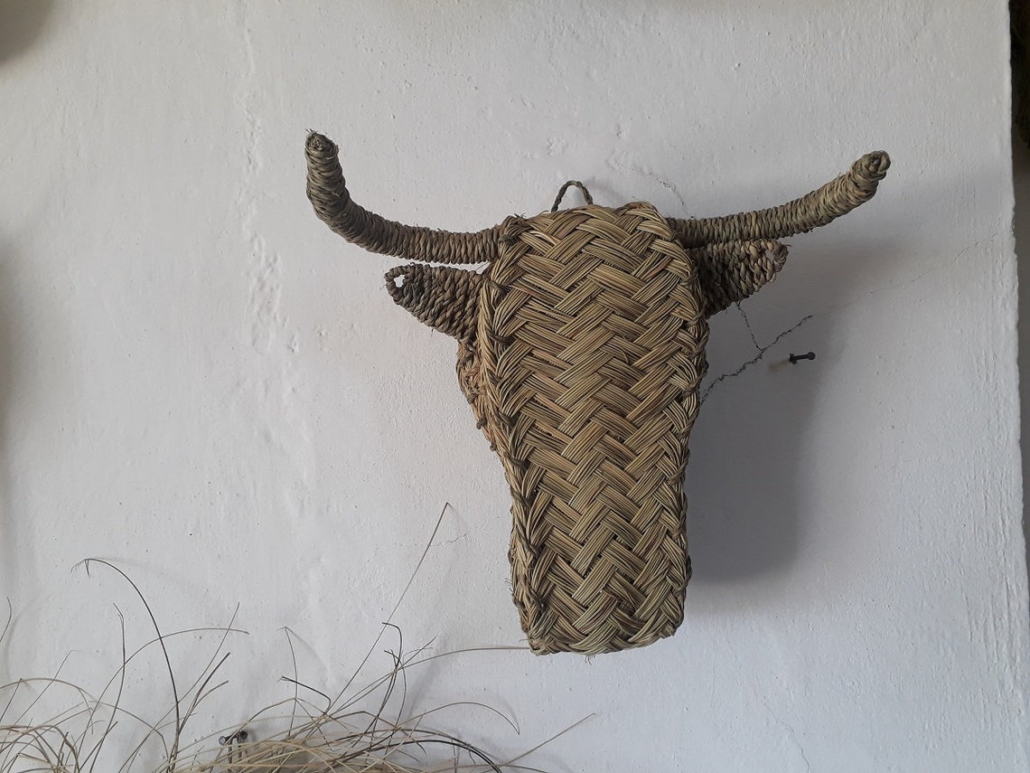 Moroccan Straw Bull Head Animal Head Wall Decor Faux | Etsy