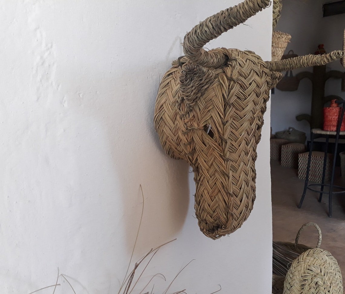 Moroccan Straw Bull Head Animal Head Wall Decor Faux | Etsy