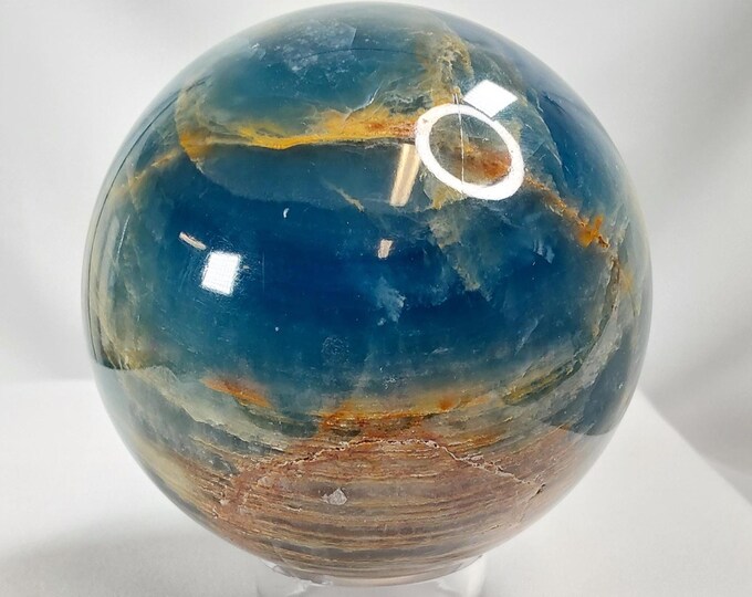 Large Aquatine Lemurian Blue Onyx Sphere - 888 - Gorgeous Deep Sea Blue, Beautiful Golden Color ...