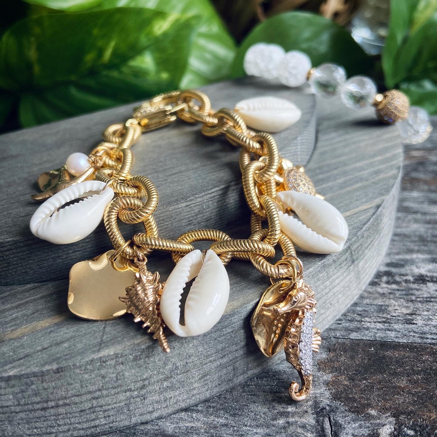 Beach Bracelet Set, Seashell Charm Bracelet, Gemstone Stretch Bracelet ...