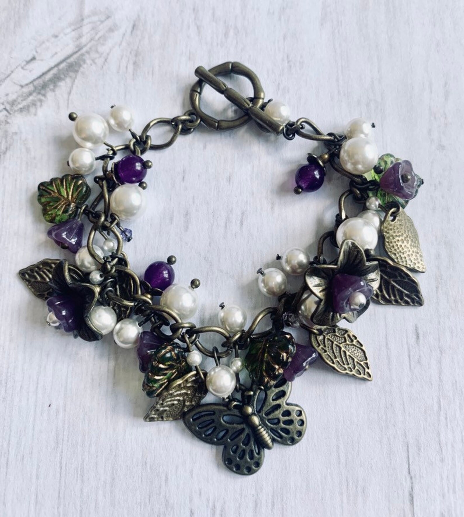 Flower Charm Bracelet Chain Bracelet White and Purple Charm - Etsy