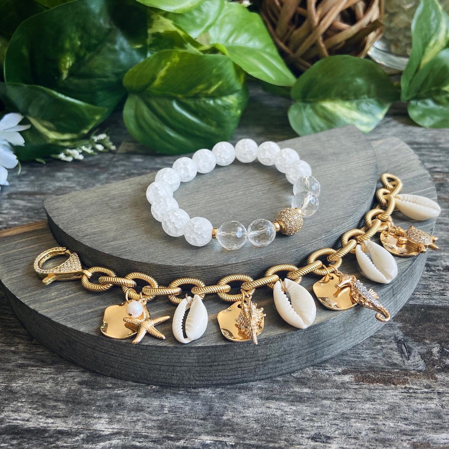 Beach Bracelet Set, Seashell Charm Bracelet, Gemstone Stretch Bracelet ...