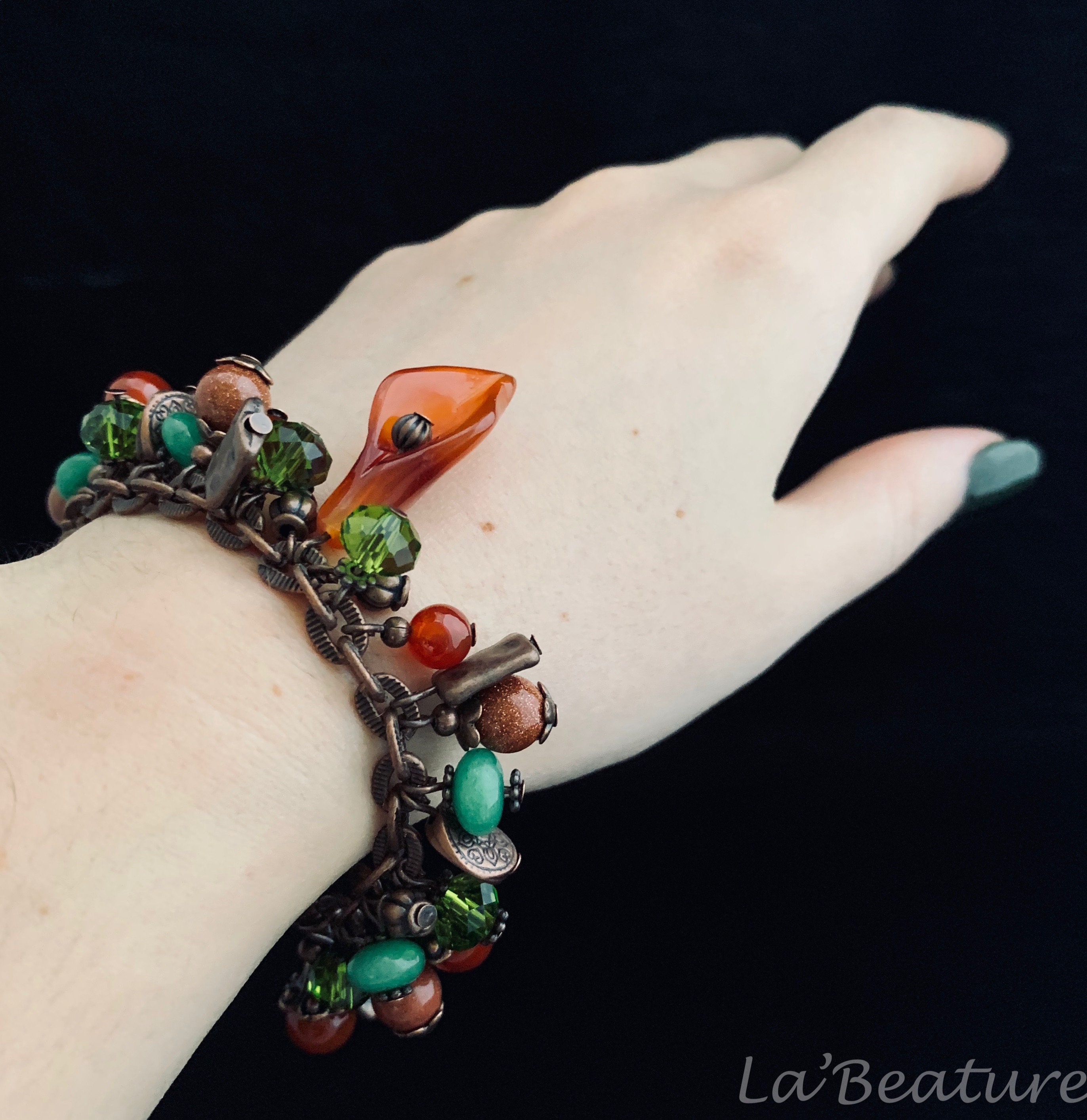 Gemstone Charm Bracelet, Chain Charm Bracelet, Cluster Charm Bracelet ...