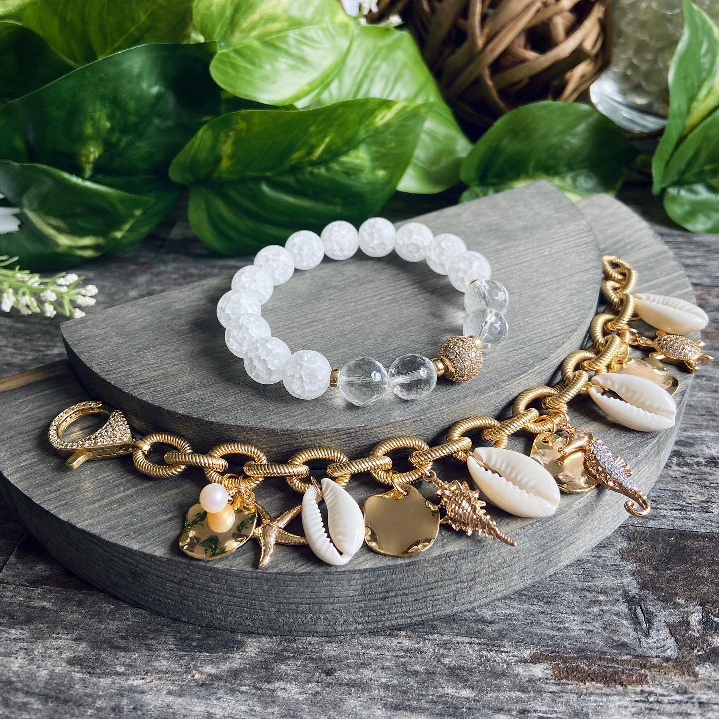 Beach Bracelet Set, Seashell Charm Bracelet, Gemstone Stretch Bracelet ...