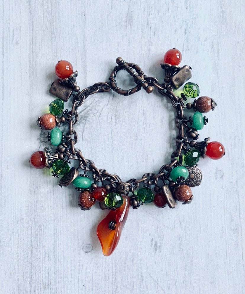Gemstone Charm Bracelet, Chain Charm Bracelet, Cluster Charm Bracelet ...