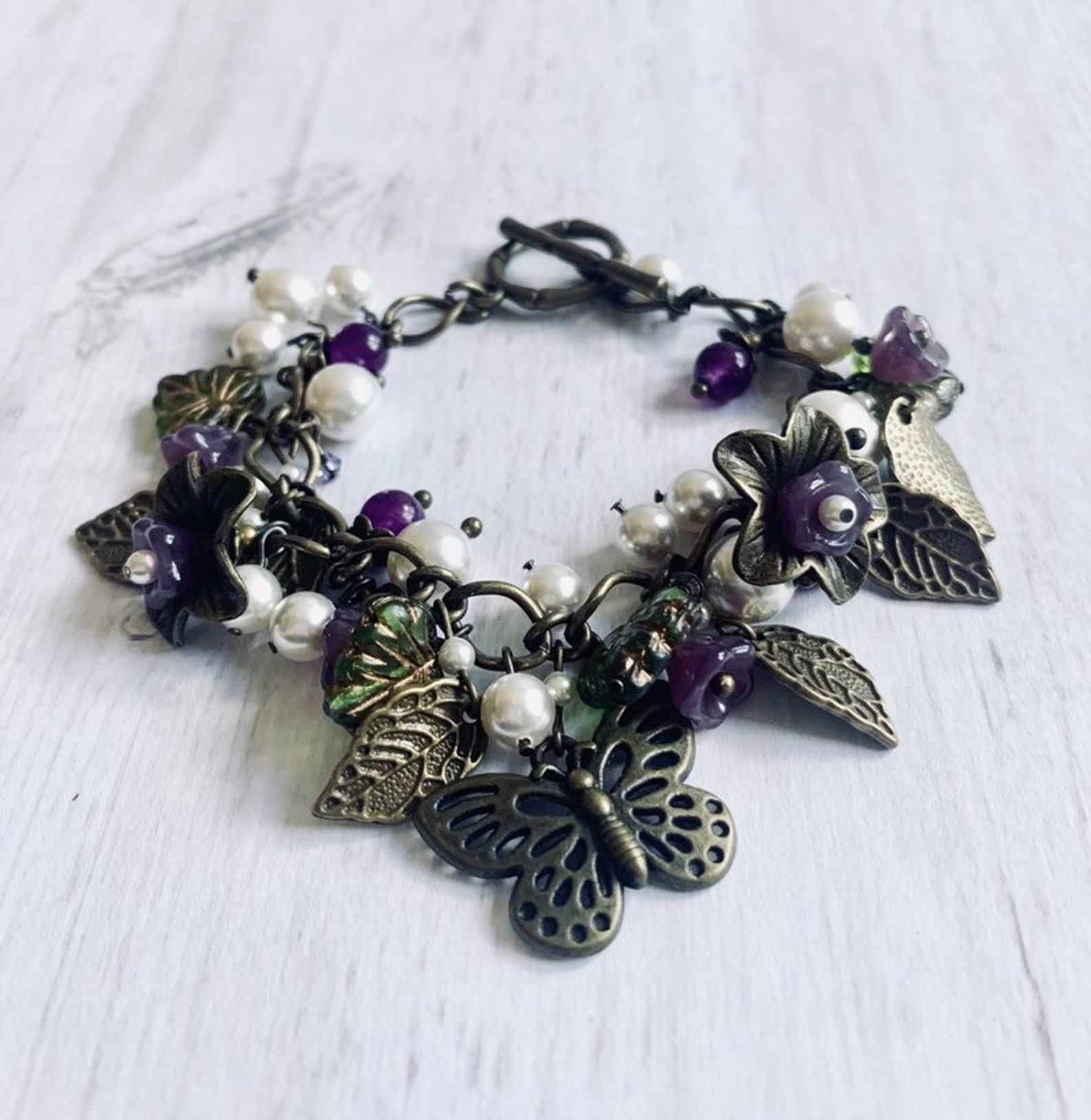 Flower Charm Bracelet Chain Bracelet White and Purple Charm - Etsy