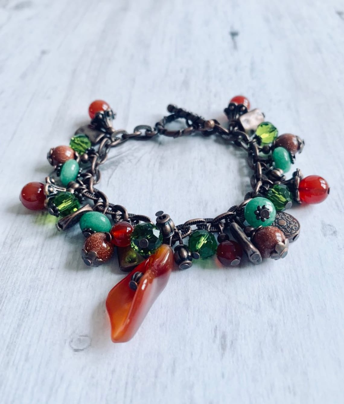 Gemstone Charm Bracelet, Chain Charm Bracelet, Cluster Charm Bracelet ...