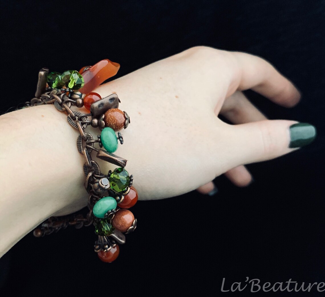 Gemstone Charm Bracelet, Chain Charm Bracelet, Cluster Charm Bracelet ...