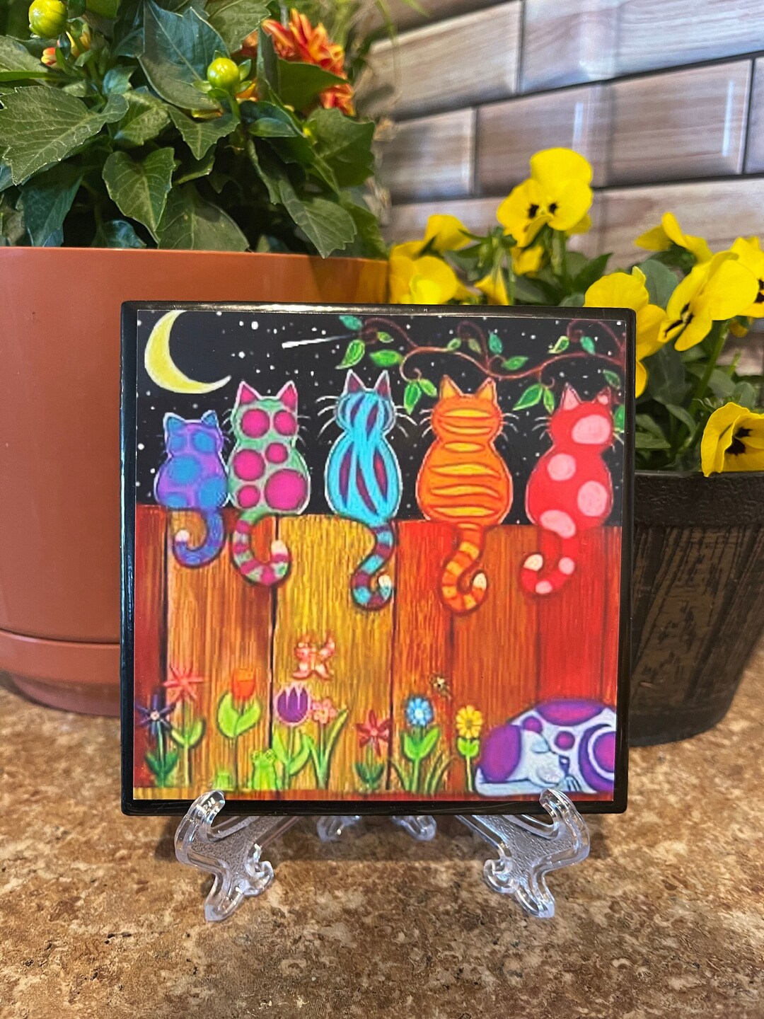 CATS ON a FENCE Ceramic Tile W Easel Cats, Kittens, Cat Gifts, Pretty ...