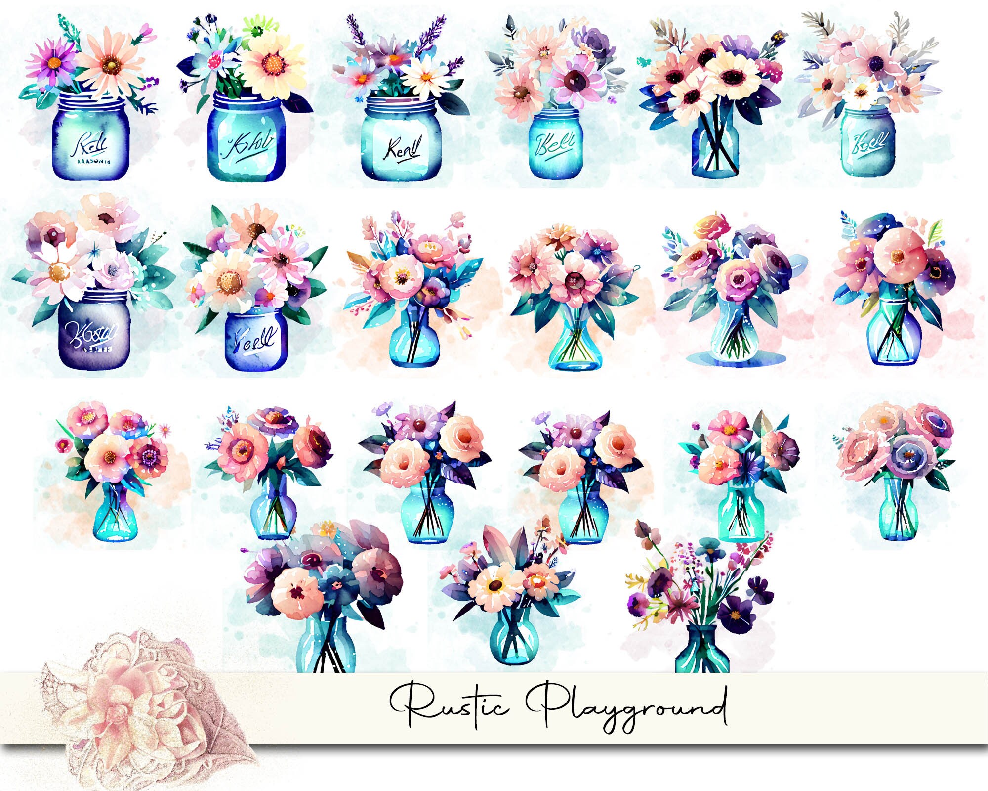 Boho Mason Jar 21pc PNG Bundle, Mason Jar Clipart, Boho Plant Images ...