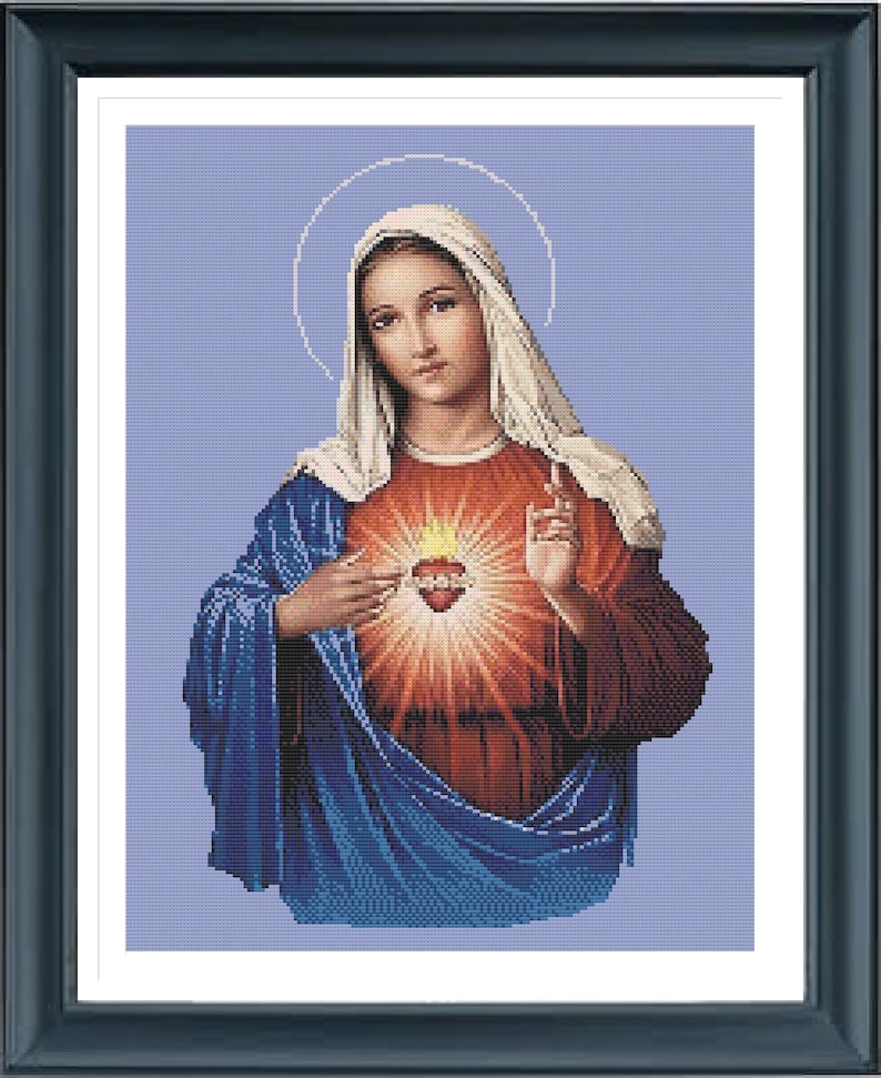 Vierge Marie au point de croix, motif sacré-coeur, coeur immaculé ...